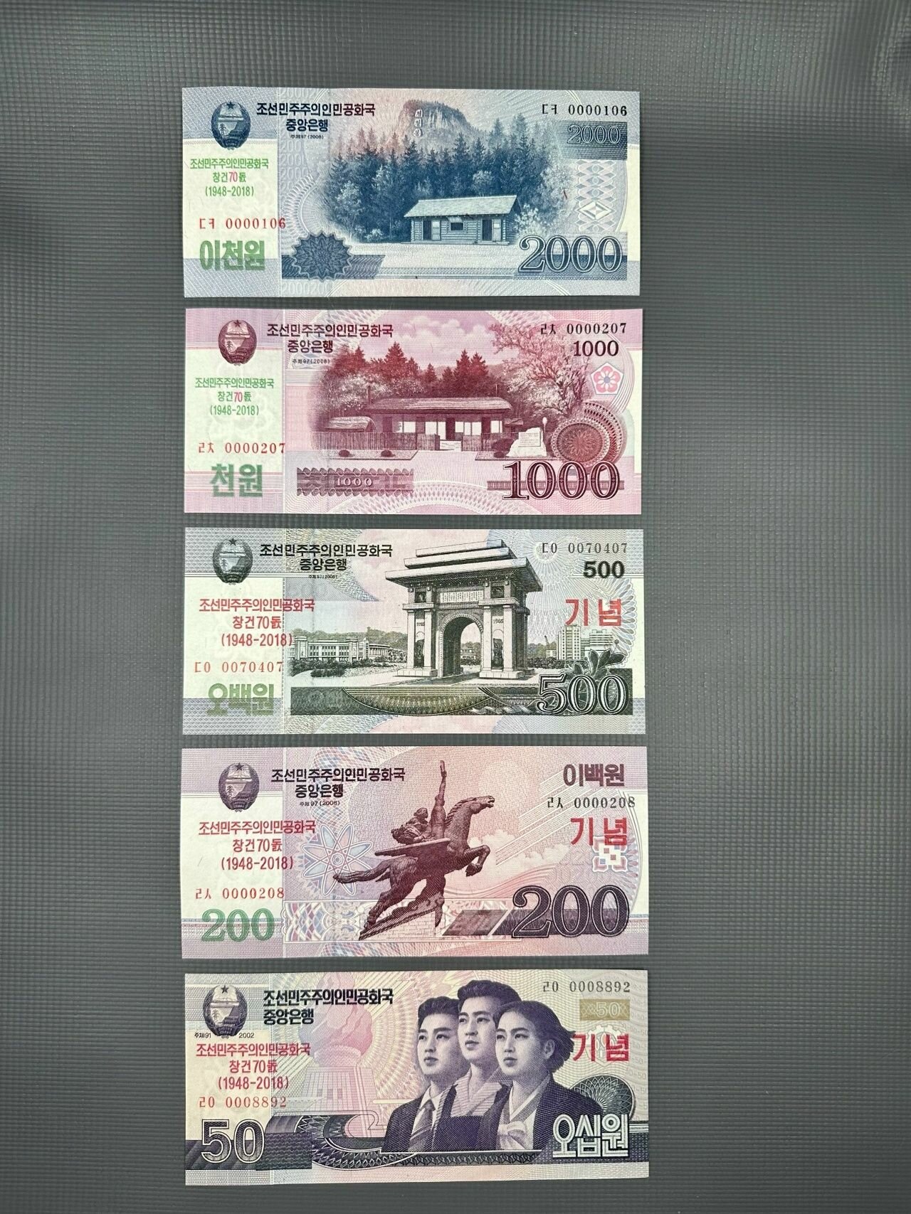 Набор банкнот Северная Корея 5 штук 2018 год 70 лет кндр UNC