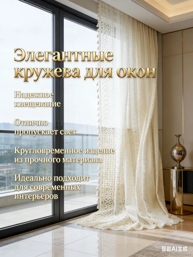 Тюль кружево 150x140 см крепление Кулиска, молочный для гостиной