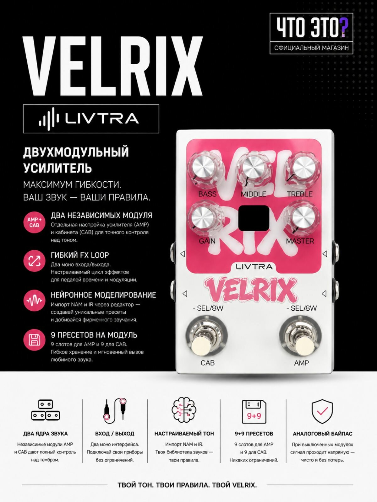 Педаль эффектов LIVTRA VELRIX, 9 эффектов AMP и IR, портативная, розовая