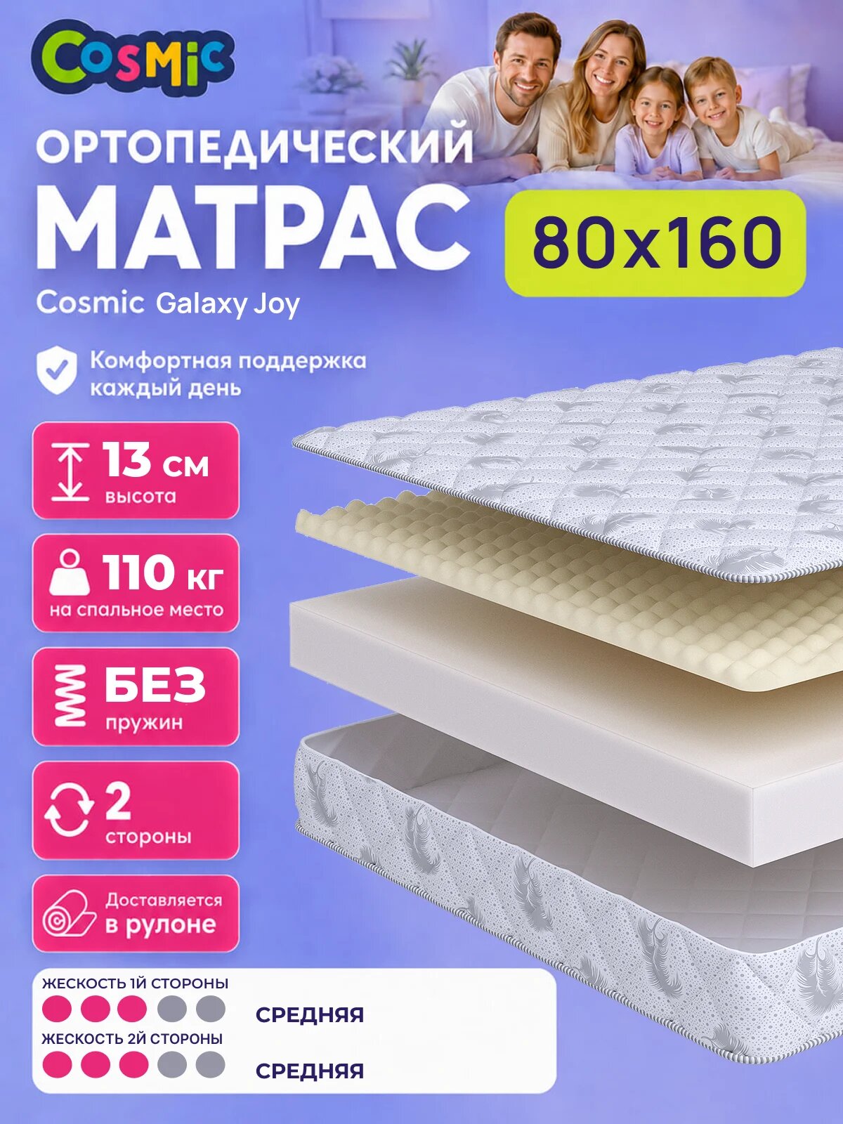 Матрас 80х160 беспружинный детский анатомический в кроватку, Cosmic Galaxy Joy, средне-жесткий 12 см