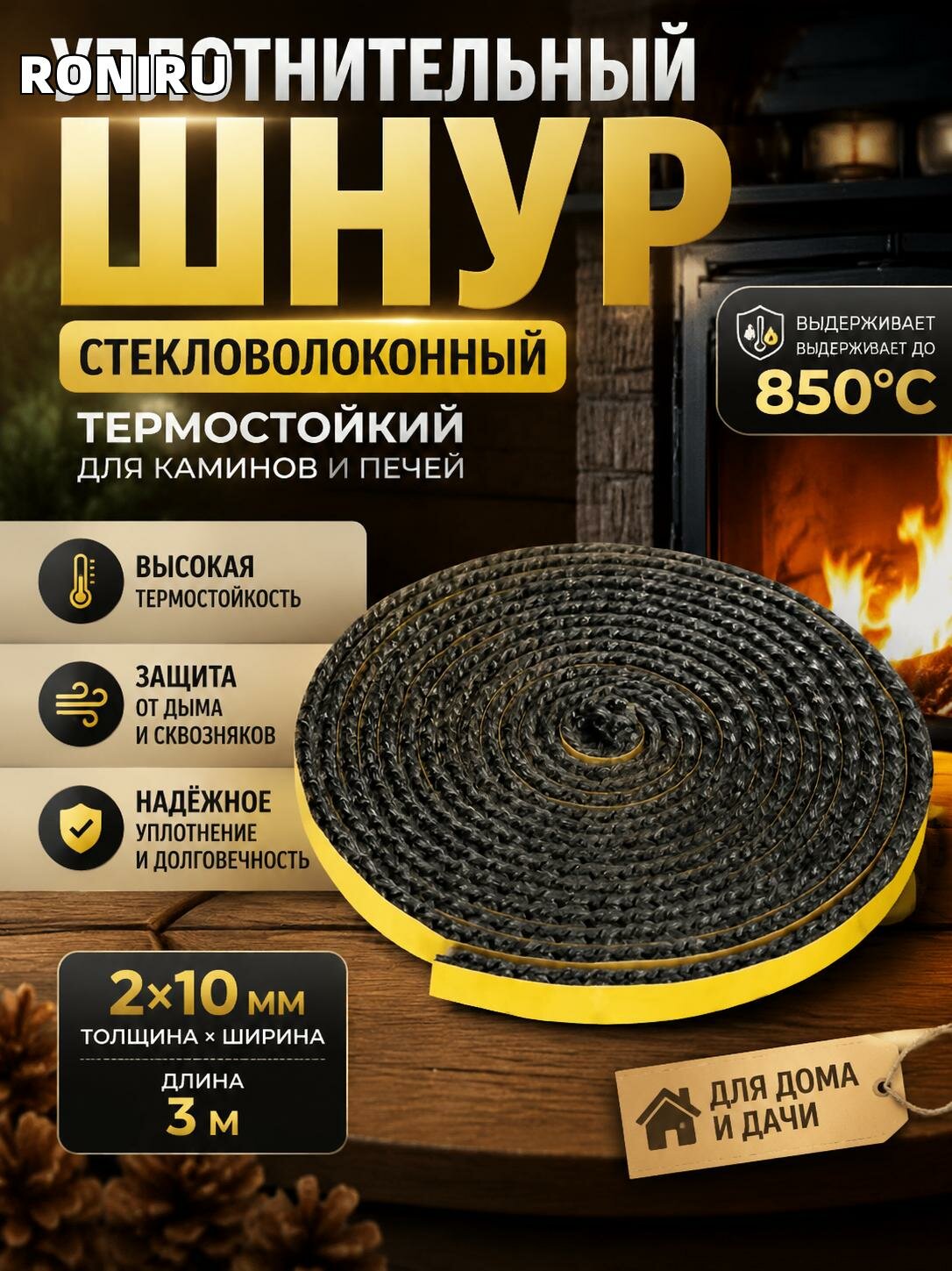 Уплотнительный шнур стекловолоконный 2x10 мм 3 м — термостойкий до 850°C для каминов, печей, против дыма и сквозняков