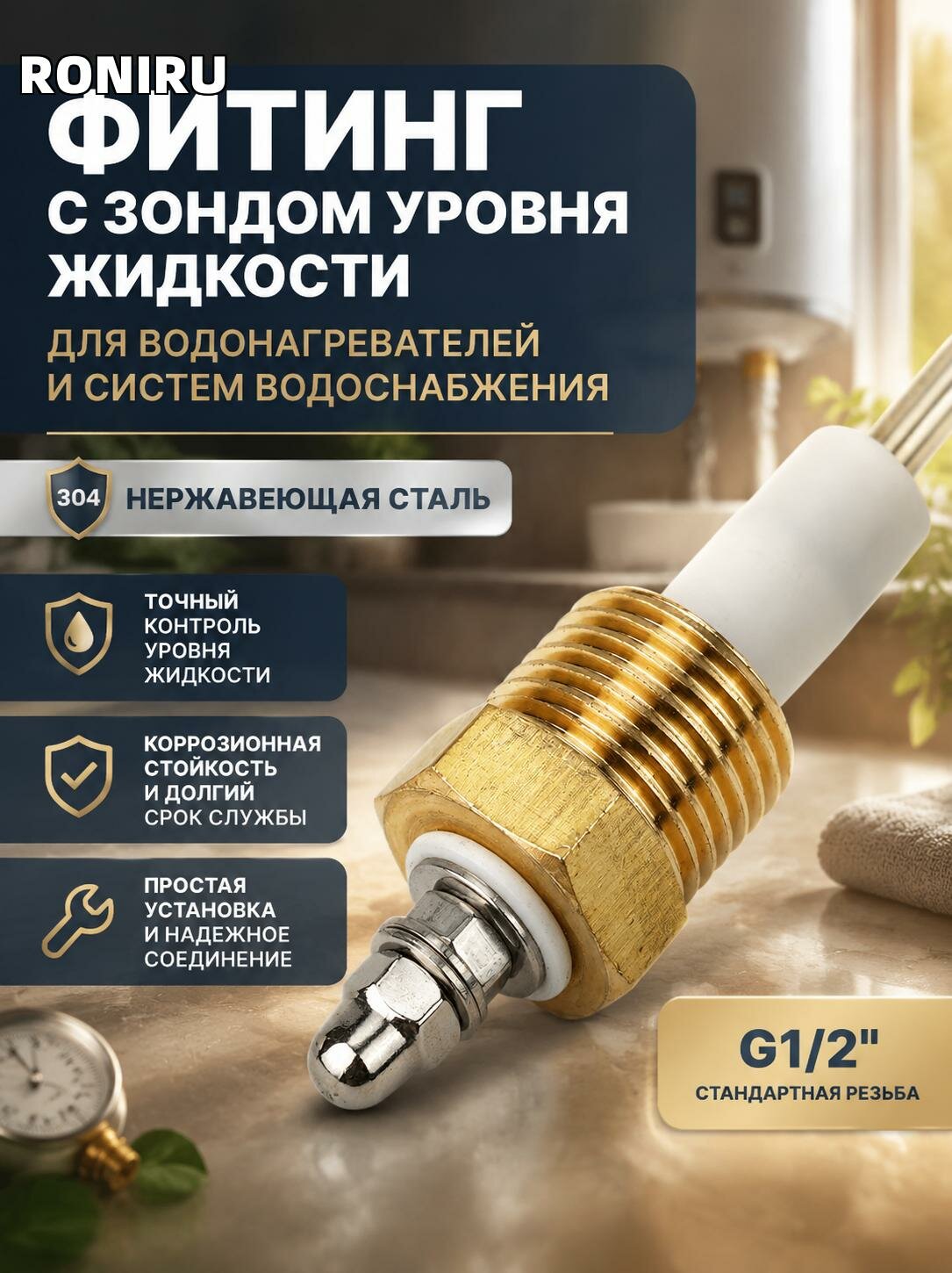 Фитинг трубный с зондом уровня жидкости G1/2 из нержавеющей стали для водонагревателей и систем водоснабжения!
