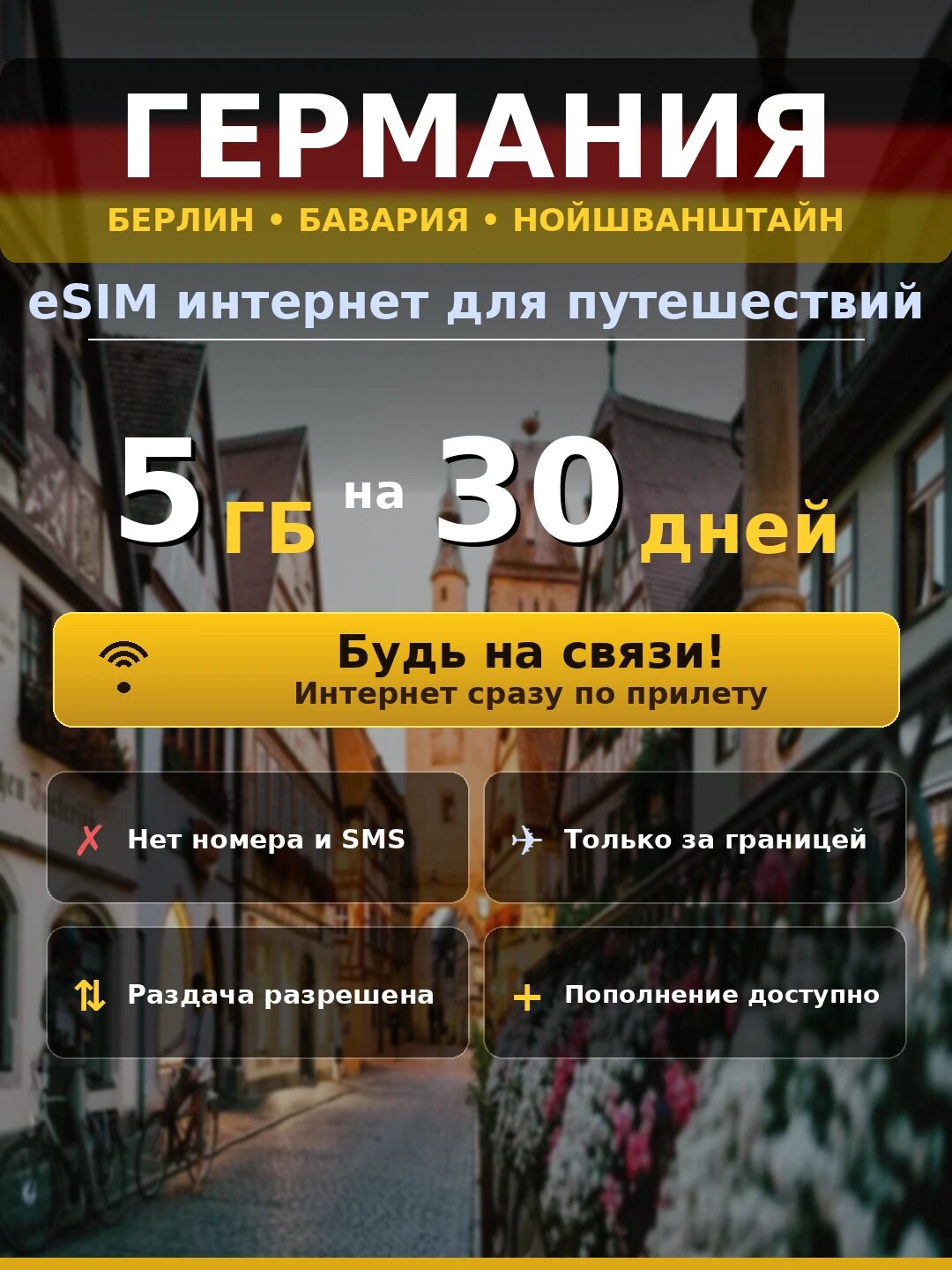 ESIM Германия — мобильный интернет 5 ГБ на 30 дней | виртуальная SIM-карта для путешествий