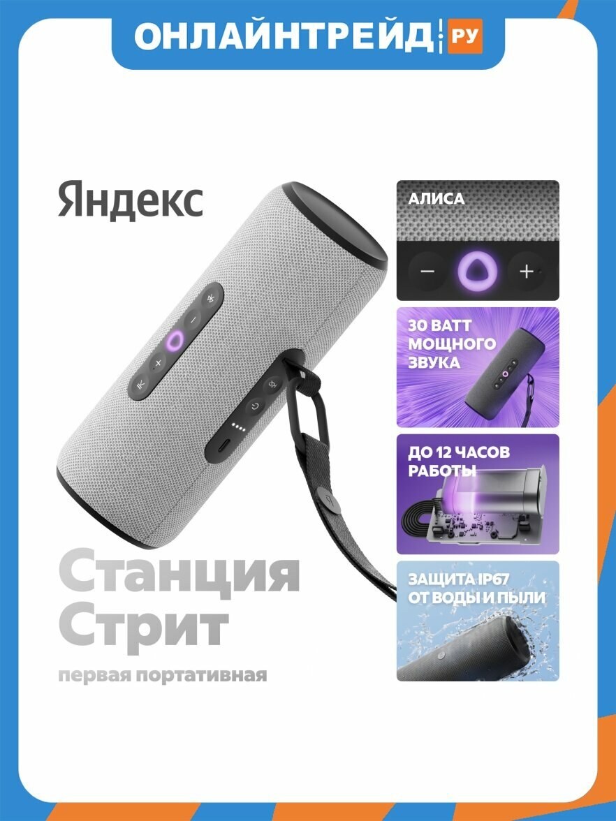 Умная колонка Яндекс Станция Стрит с Алисой, 30 Вт, серая