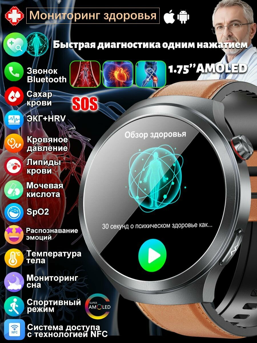 Смарт часы мужские с экг и измерением давления , HRV,500mAh, NFC,1.75'AMOLED, глюкозы и давления, большой экран, для iPhone Huawei Xiaomi