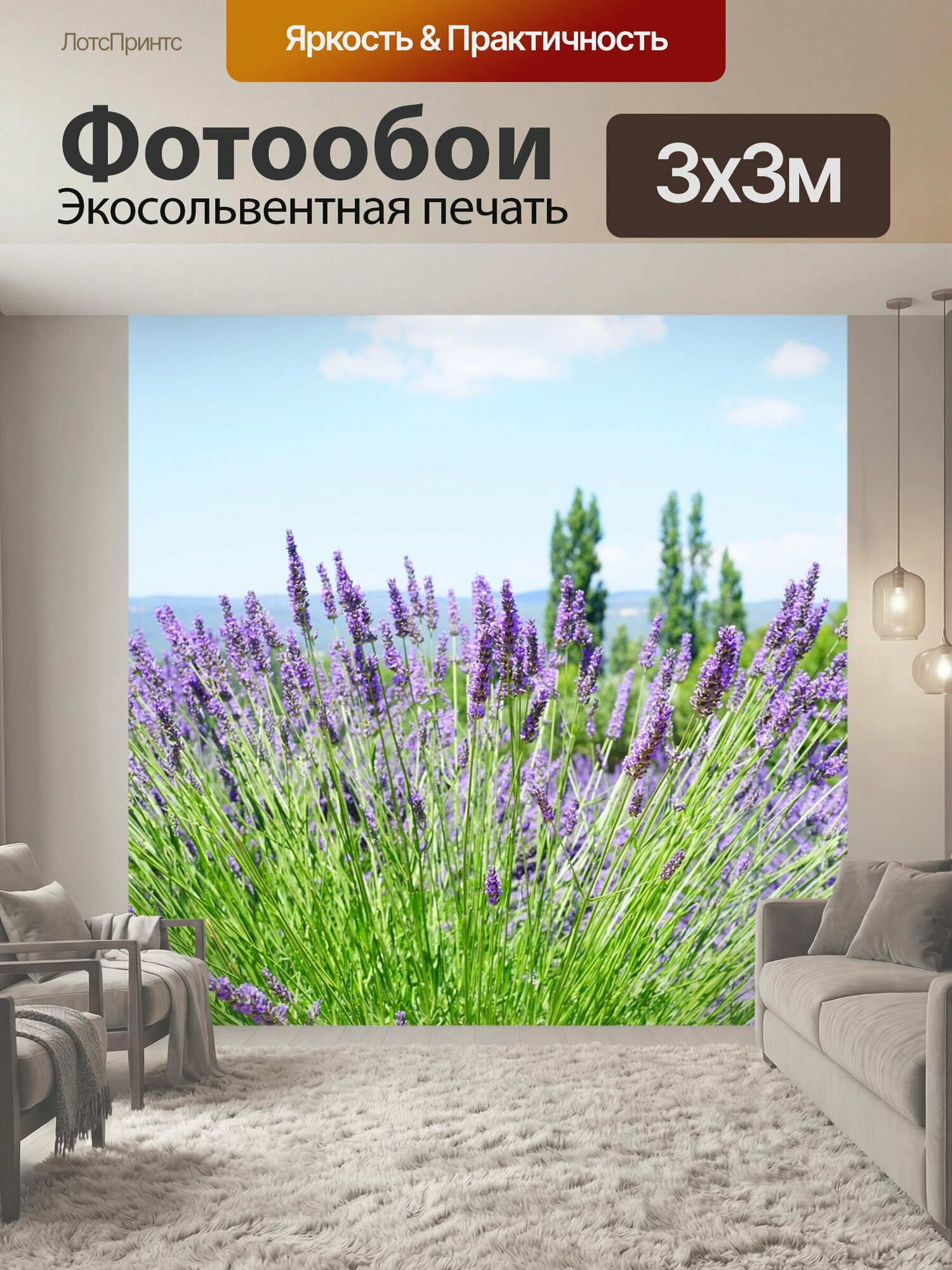 Фотообои "Лаванда, сиреневое поле, цветы лаванда" 300x300 см. экосольвентная печать