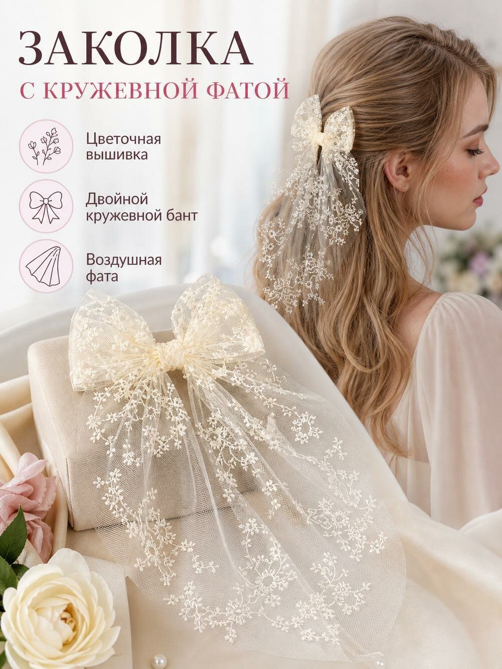Заколка для волос с кружевным бантом