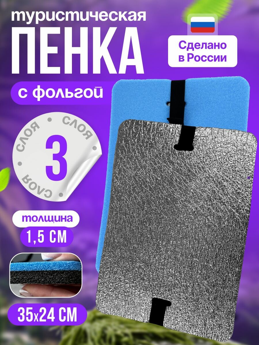 Сиденье туристическое, 3 -х слойное синее, с фольгой, влагостойкое, многослойное, пенка/каремат, сидушка походная, хоба для похода/туризма 350x240x15 мм