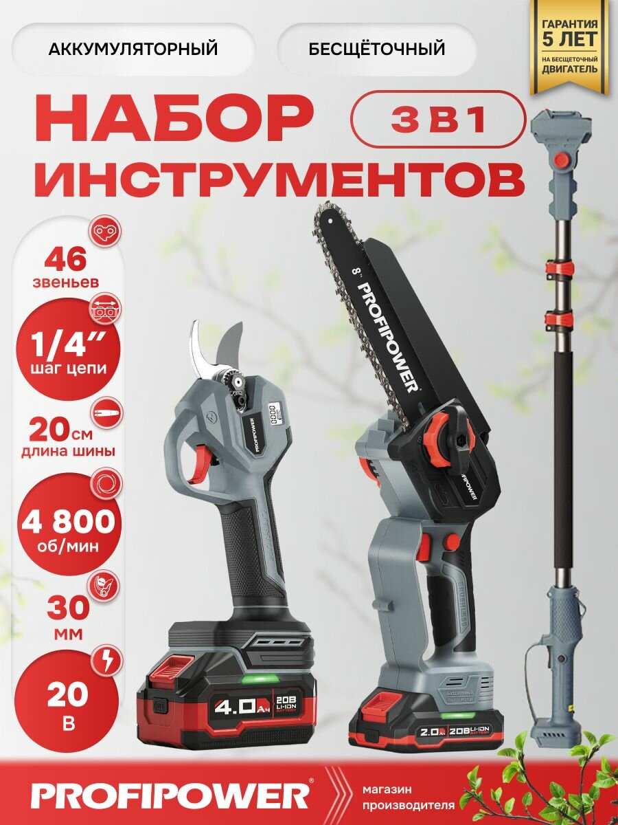 Набор PROFIPOWER "ProfiSet-3G20", аккумуляторный, телескопическая штанга, 3 в 1