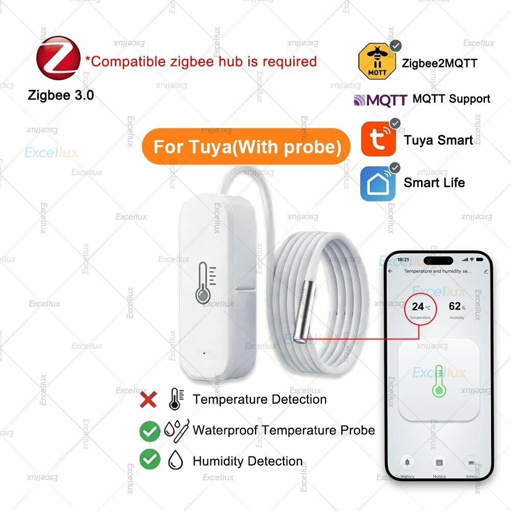 Датчик температуры и влажности Zigbee 3.0 для аквариума и холодильника Tuya(With probe)