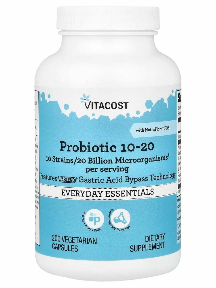 Пробиотик 10-20 с NutraFlora ФОС, 200 вегетарианских капсул, Vitacost