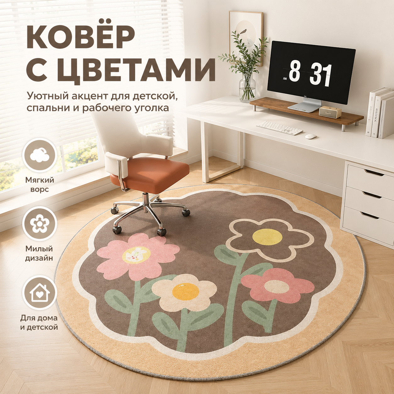 Круглый ковер с мультяшными цветами, мягкий коврик под компьютерное кресло 2х2 м