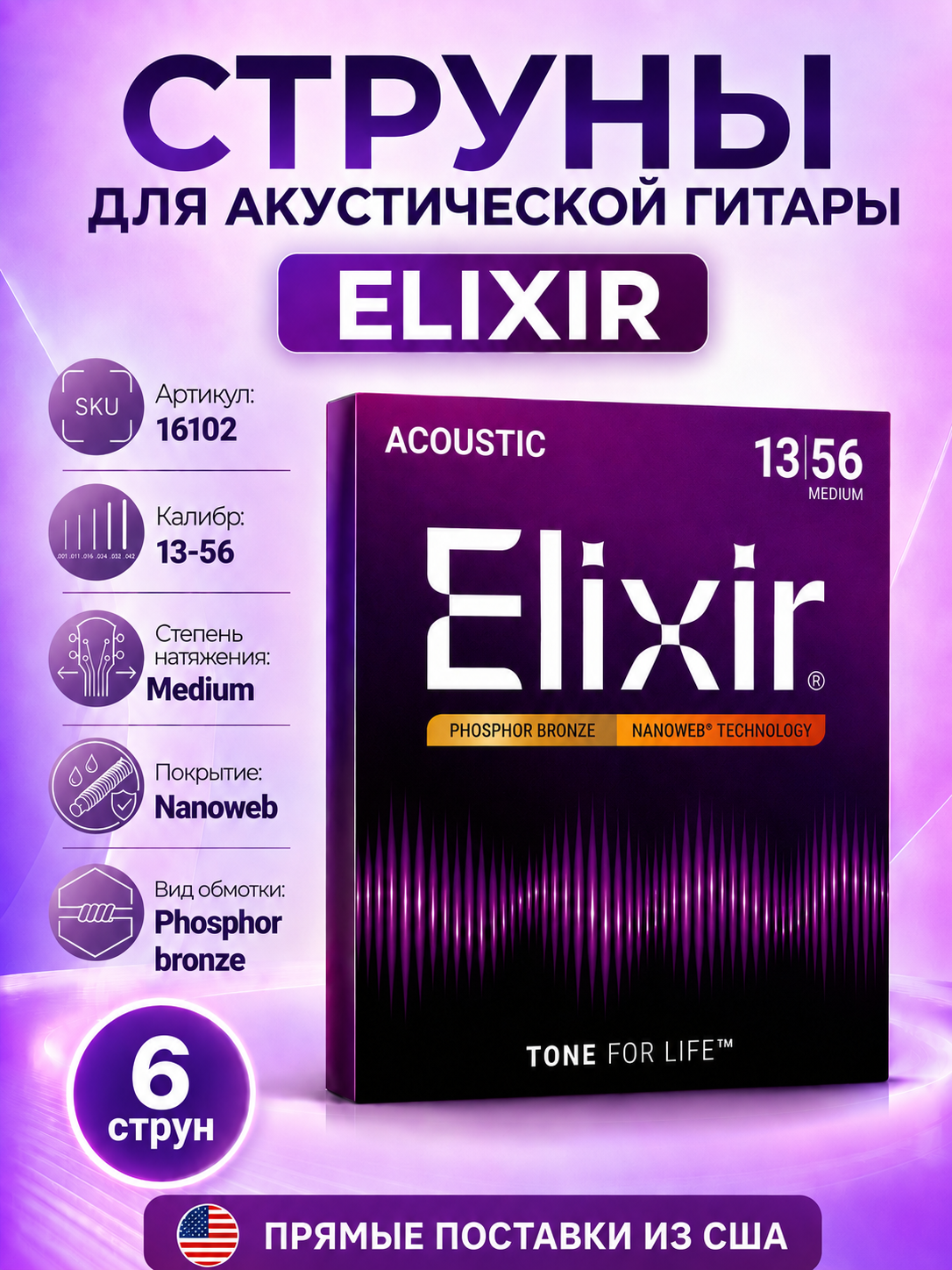 Струны для акустической гитары Elixir 16102 Medium Nanoweb Phosphor Bronze 13-56