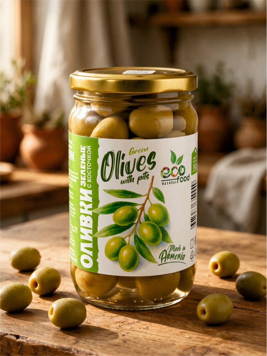 Оливки зеленые с косточкой 350 грамм , ECOFOOD ( Армения )