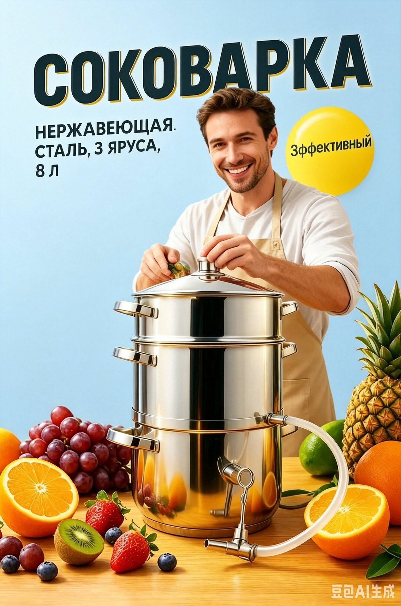 Соковарка-соковыжималка "Без бренда", нержавеющая сталь, 8л, 3яруса