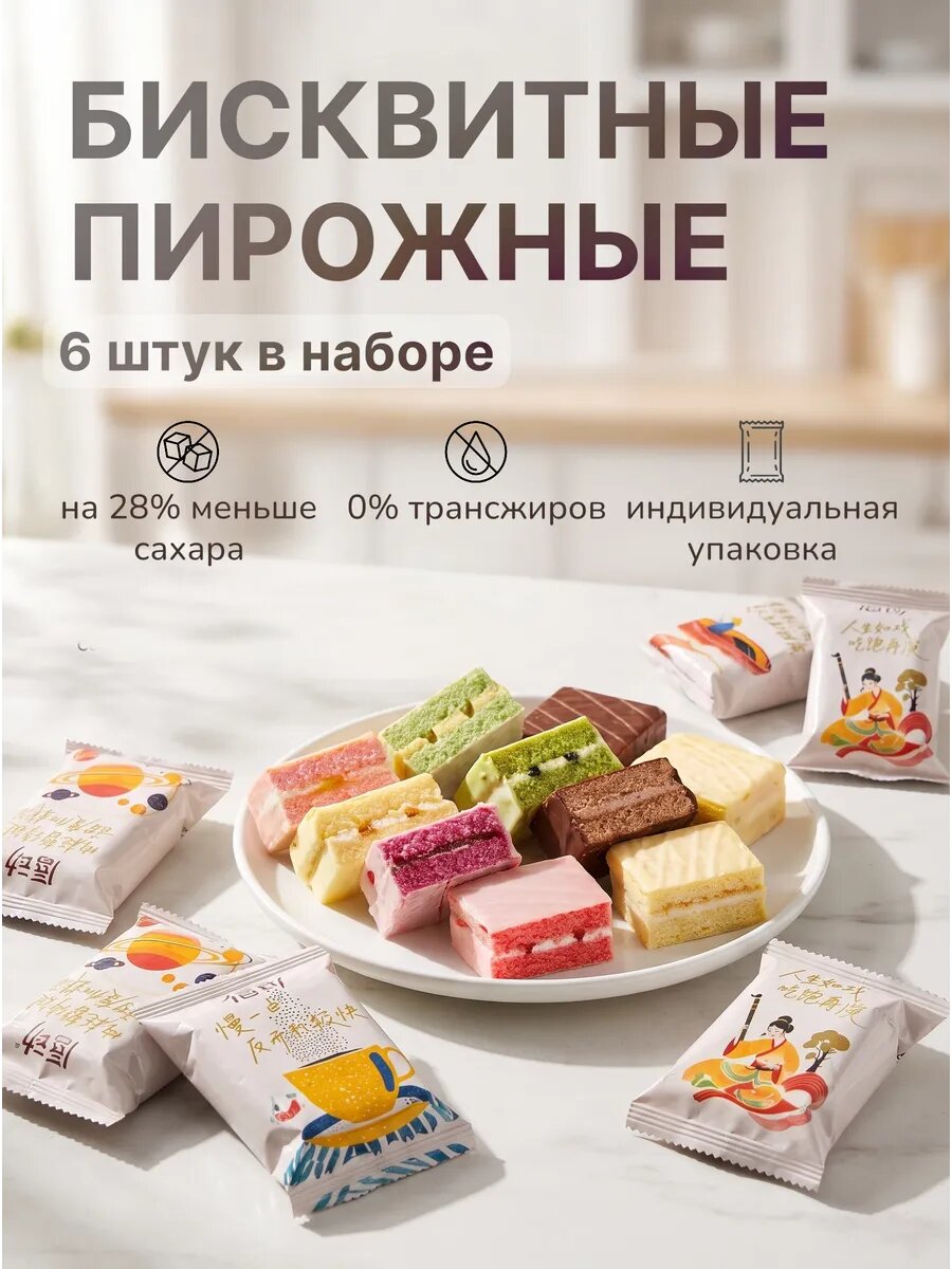 Бисквитные трендовые пирожные в глазури ассорти 6 шт
