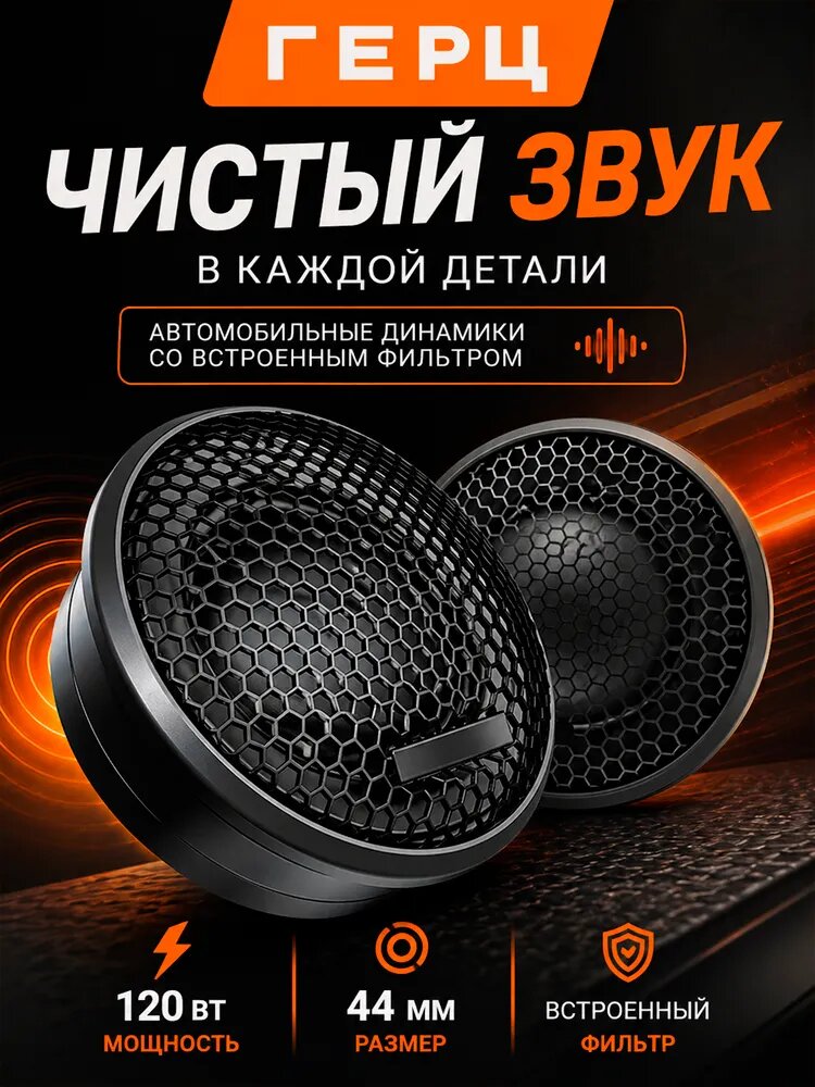 Твитеры автомобильные со встроенным фильтром "HT-25" / Комплект из 2 штук / Высокочастотные динамики, пищалки, 44 мм, 120 Вт.