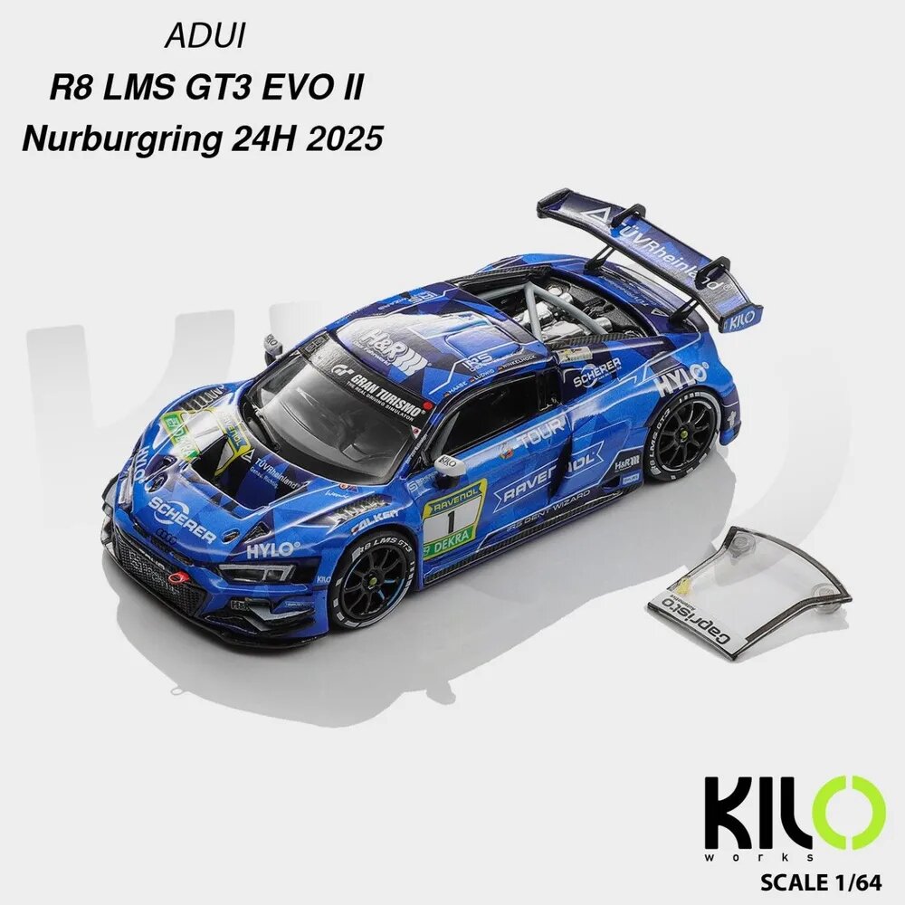 Audi R8 LMS GT3 EVO, 1:64 масштабная модель, открывающиеся двери и капот, коллекционная, Kiloworks