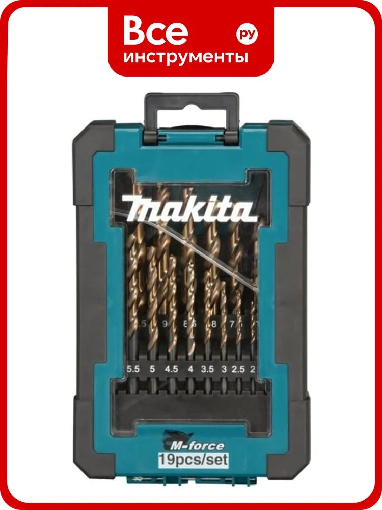 Набор сверл M-force (19 шт; 1-10 мм; шаг 0.5 мм) Makita D-67583 спиральный тип с цилиндрическим хвостовиком HSS‑G стали