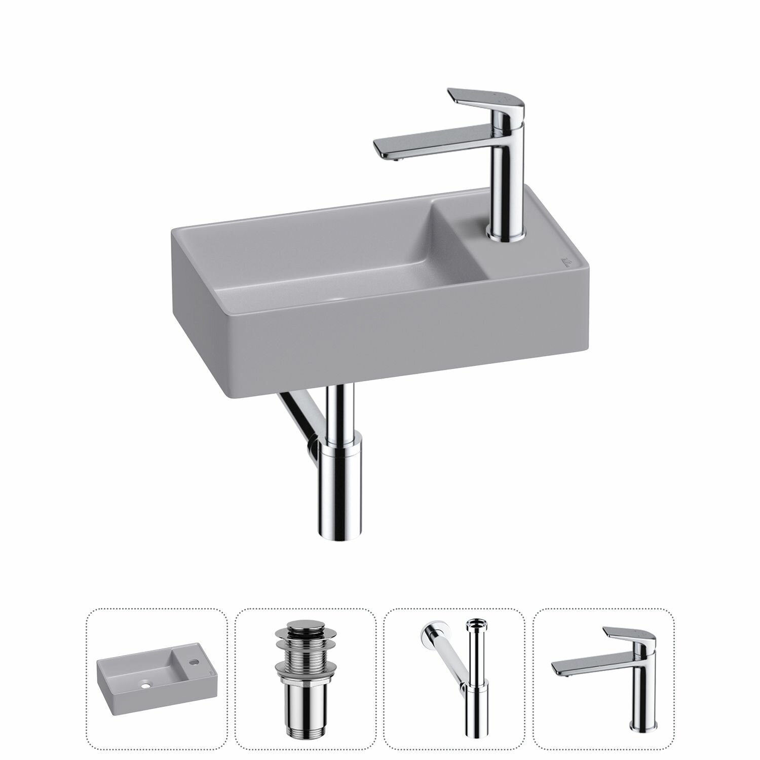 Маленькая раковина в туалет Wellsee WC Area 20213752R в наборе 4 в 1: узкая мини-раковина 41 см (матовый серый), донный клапан, сифон, смеситель (цвет набора хром)