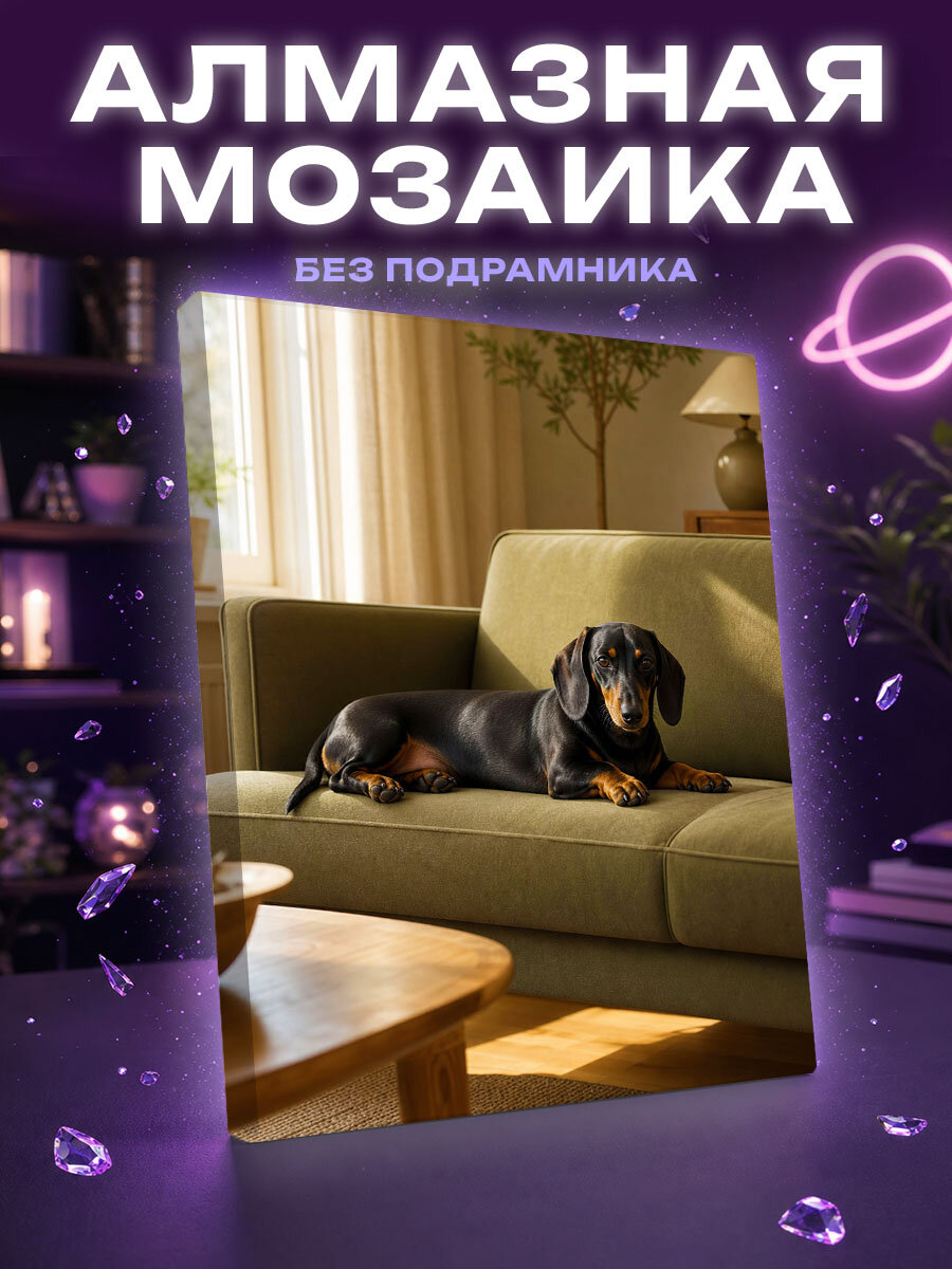 Алмазная мозаика Такса на оливковом диване