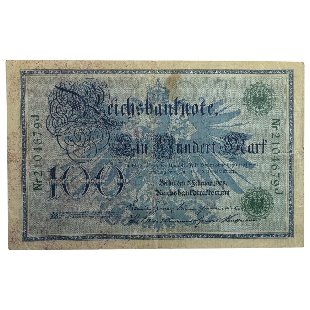 Германская империя (Германия) 100 марок 1908 г. (Зелёные печати) (Литера J) (Серия J)