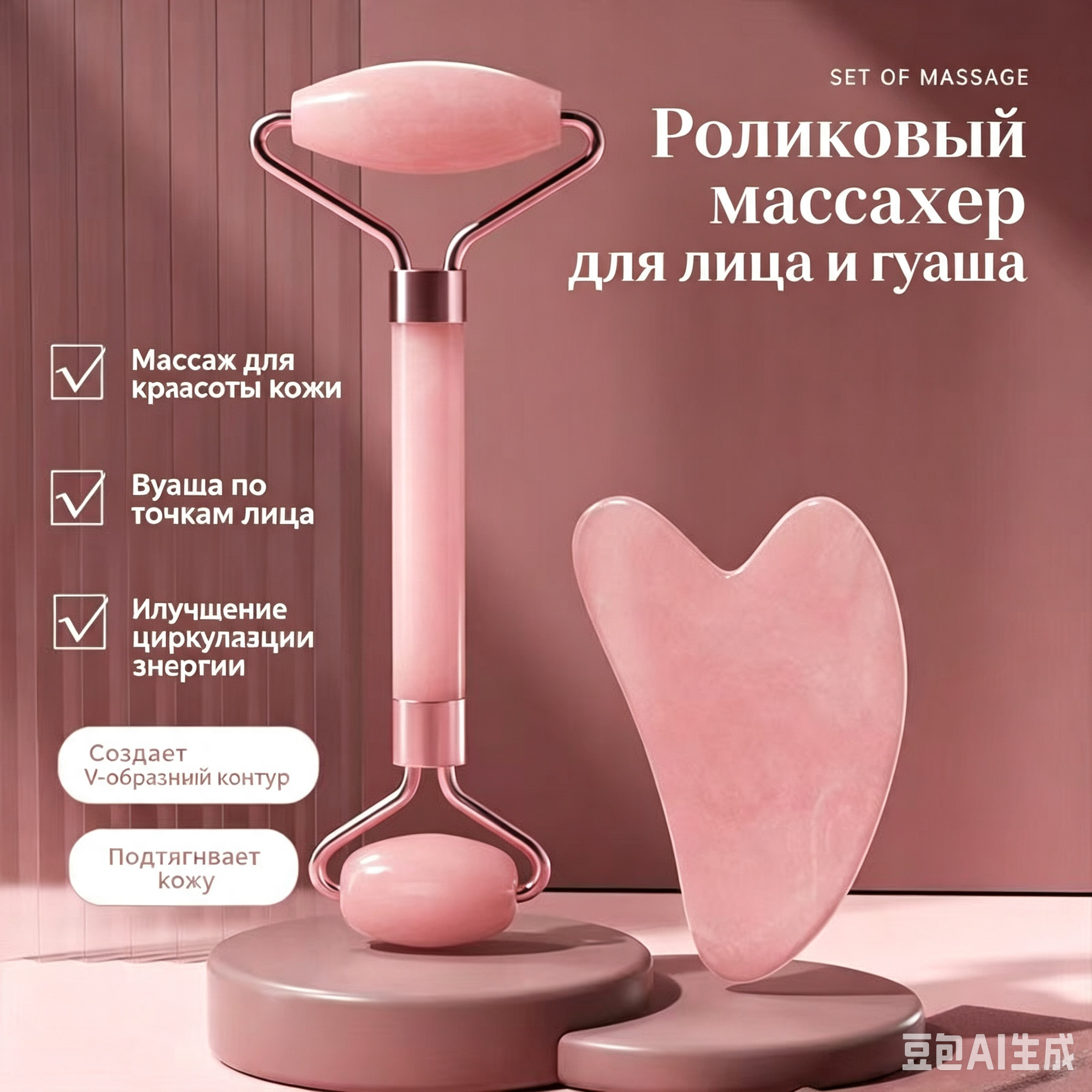 Массажный набор для подтяжки кожи, ролик и гуаша от отеков