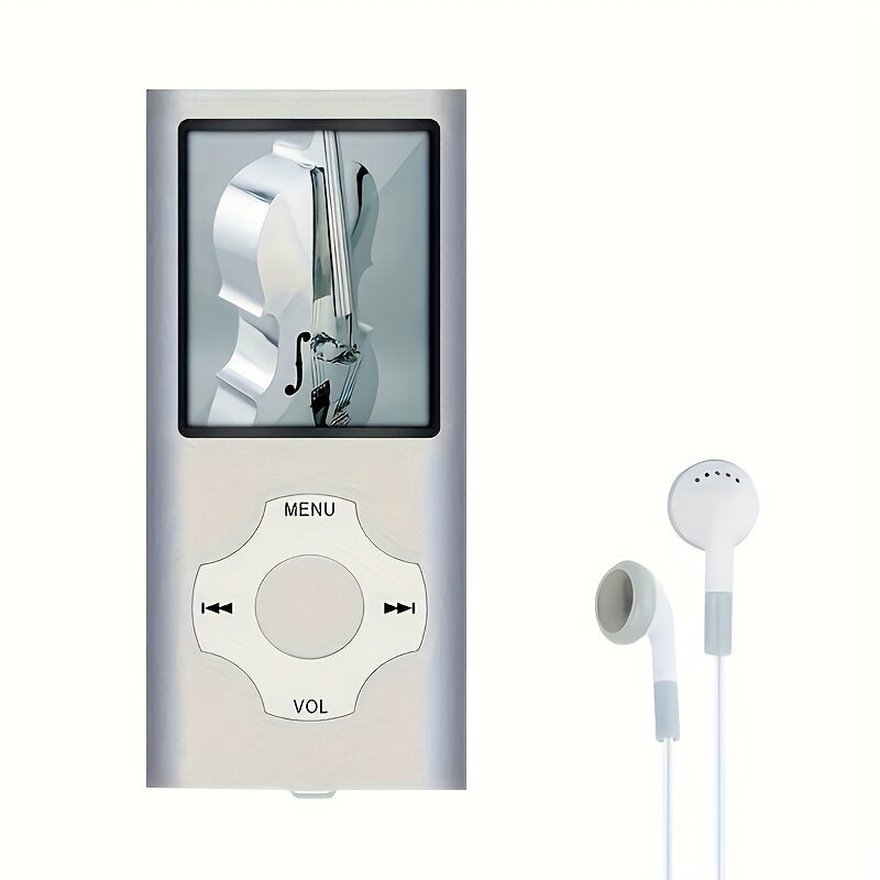 MP3/MP4 плеер с шумоподавляющими наушниками, встроенный микрофон, регулировка громкости, LED дисплей, слот для TF карт, аккумулятор, серебристый цвет, без карты памяти