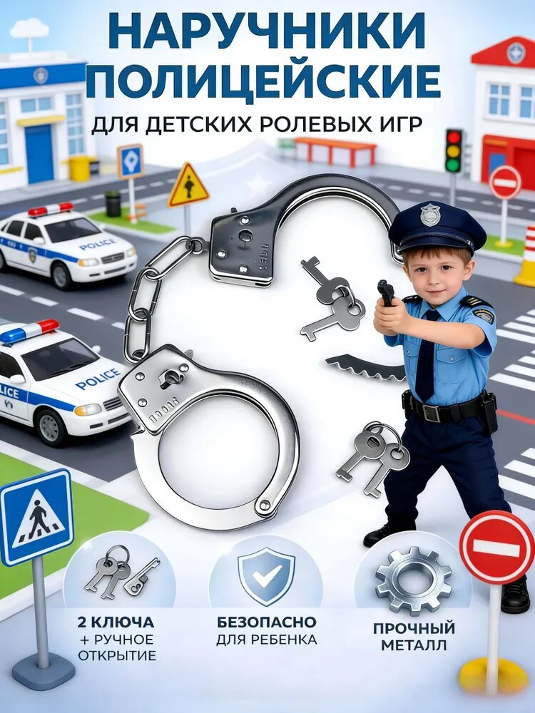 Игрушечные металлические наручники на блистере/ Детский игровой набор для мальчиков, в комплекте 2 ключа