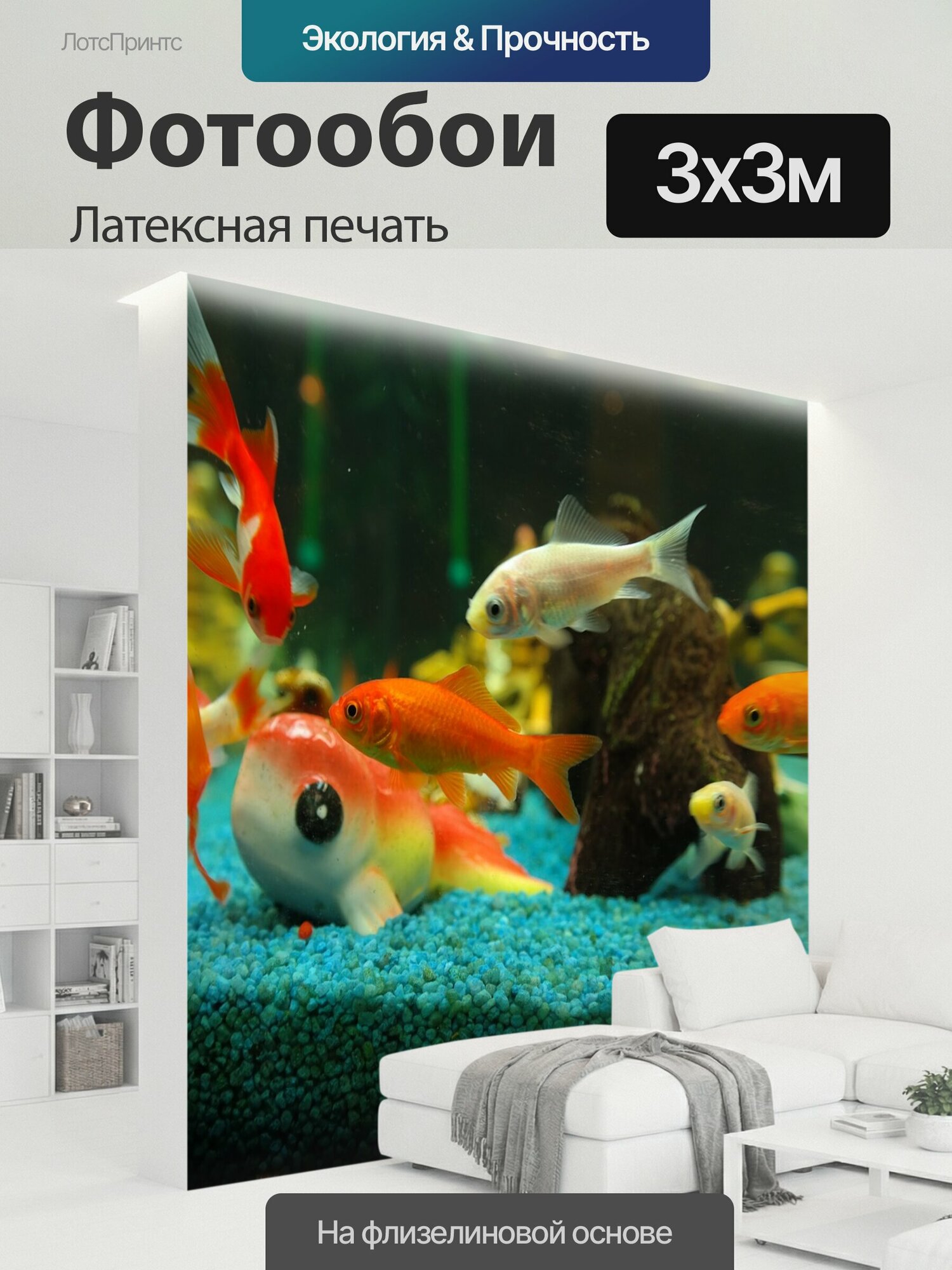 Фотообои моющиеся ударопрочные "Рыбы, золотая рыбка, пресноводная рыба" 300x300 см. латексная печать
