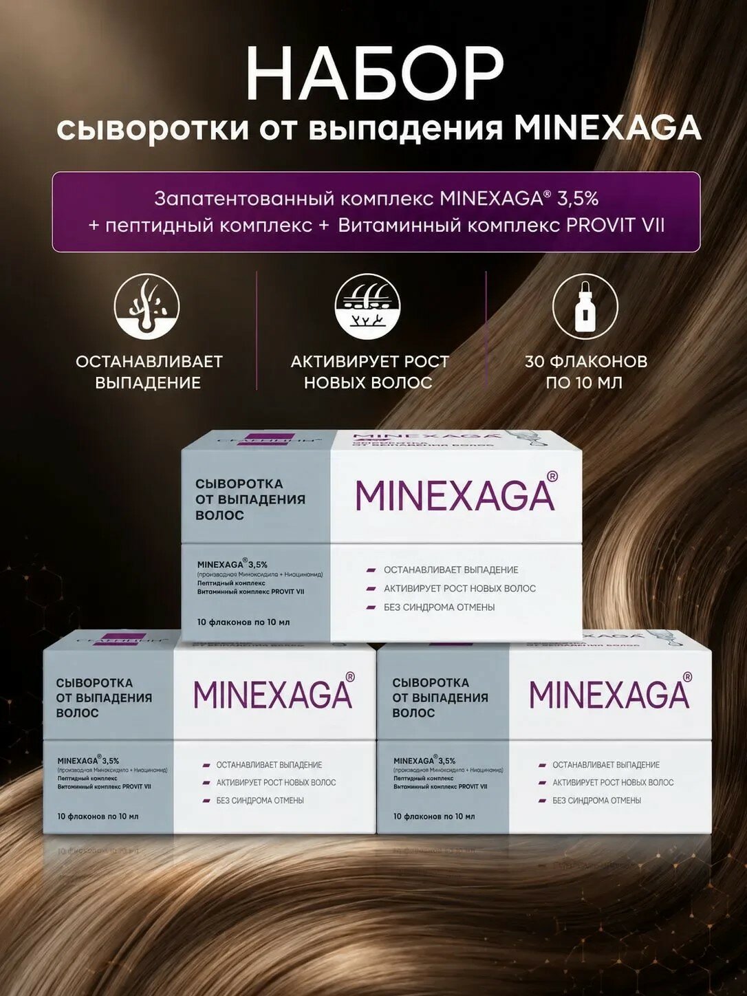 Сыворотка MINEXAGA, для роста и от выпадения волос, 3 упаковки по 10 ампул, набор
