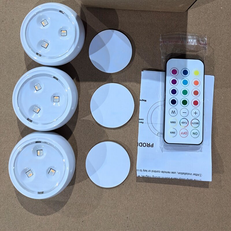 Круглый светильник для шкафа RGB LED с сенсорным управлением и пультом, 3 шт.