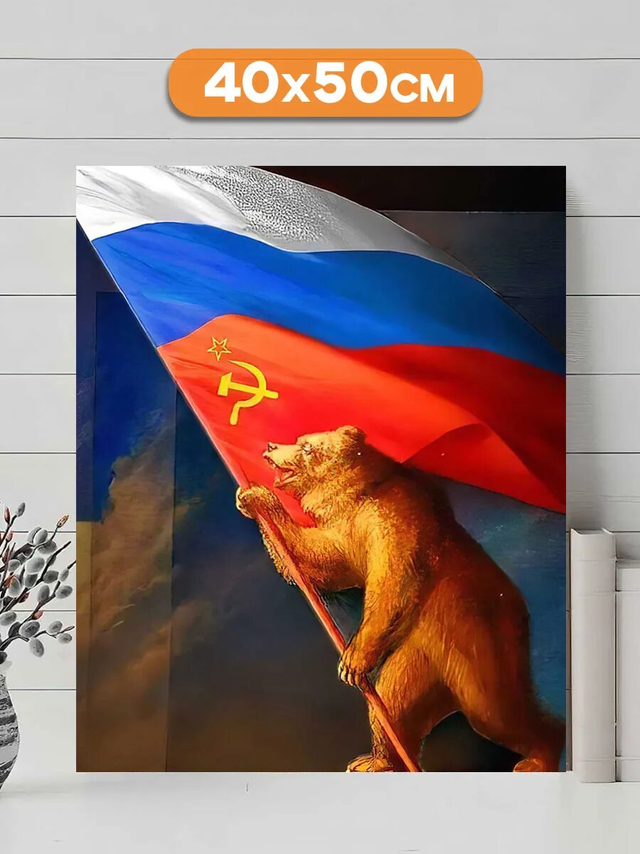 Картина на стену для дома Мишка с Флагом 40х50 см
