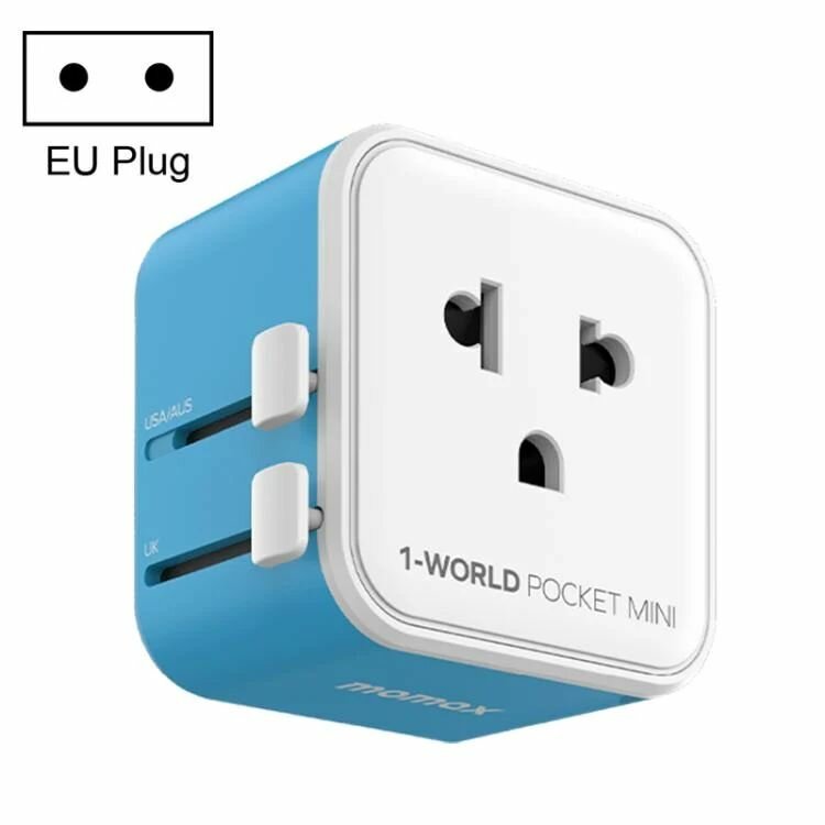 Компактный Дорожный адаптер Momax 1-World Pocket Mini Travel Adapter US / UK / EU Голубой