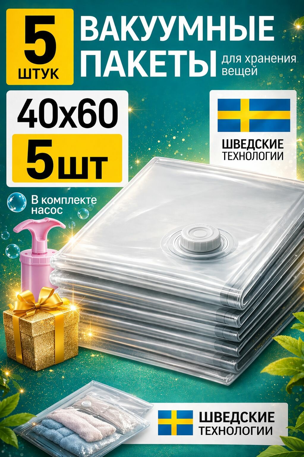 Вакуумные пакеты для одежды, 5 штук, с насосом, многоразовые