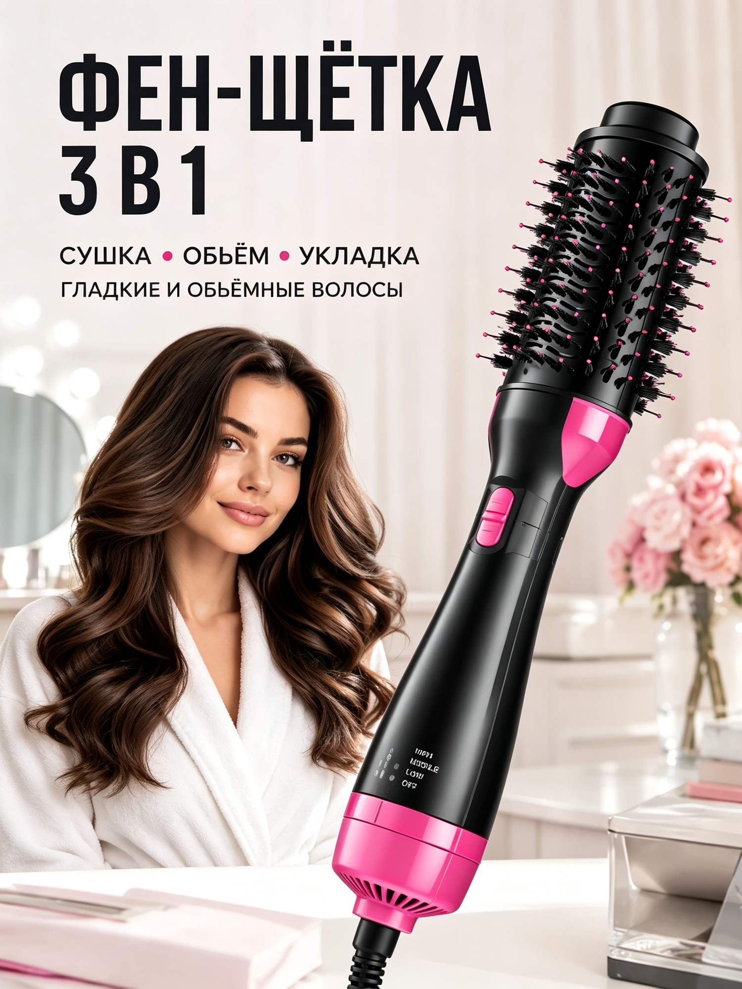 Фен-щетка ZZ-000040 3 в 1 с ионизацией, горячий стайлер для объема, сушки и выпрямления волос, черно-розовый
