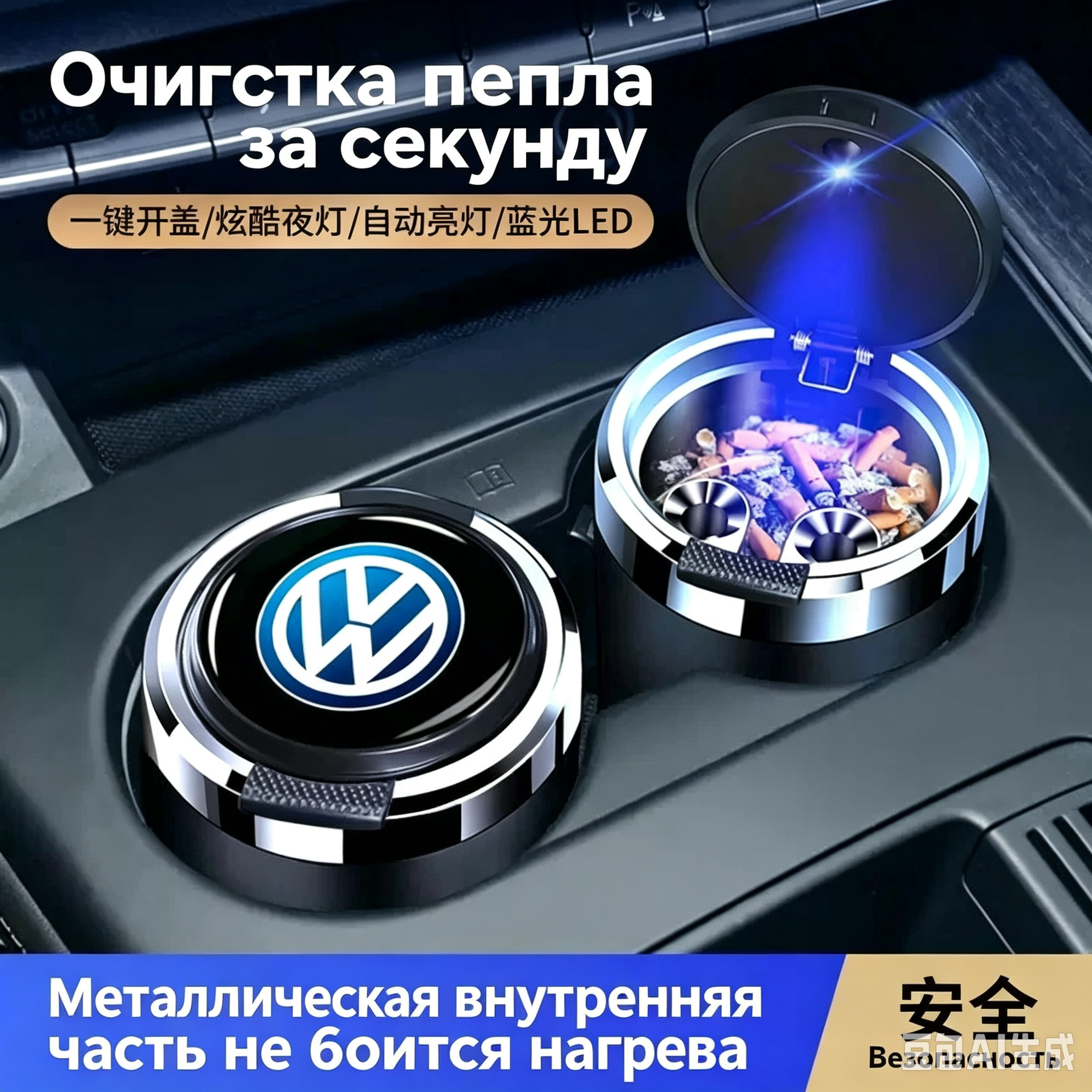 Пепельница автомобильная, с крышкой и подсветкой / Аксессуары для автомобиля Фольксваген1 шт.