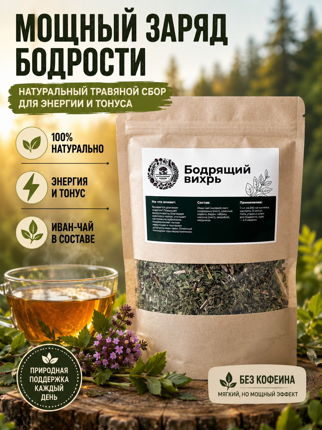 Чай травяной натуральный урожай "Бодрящий Вихрь", листовой, от тревоги и стресса