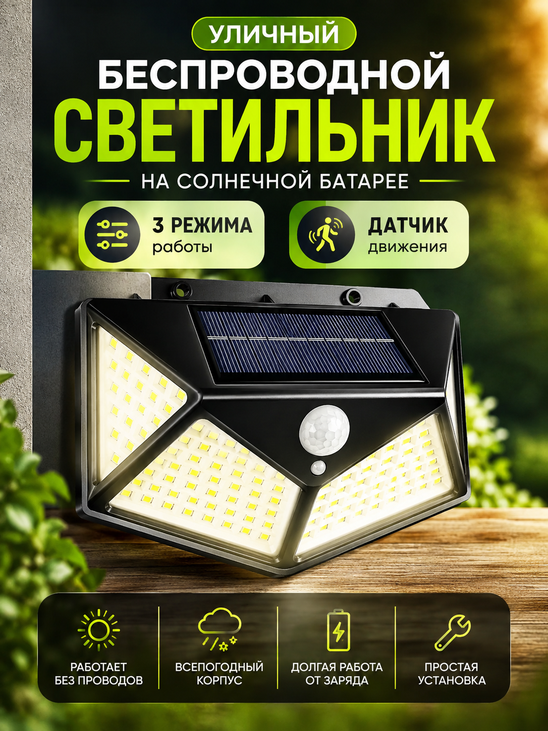 Уличный светодиодный светильник 100 LED с датчиком движения и 3 режимами — солнечное освещение без проводов