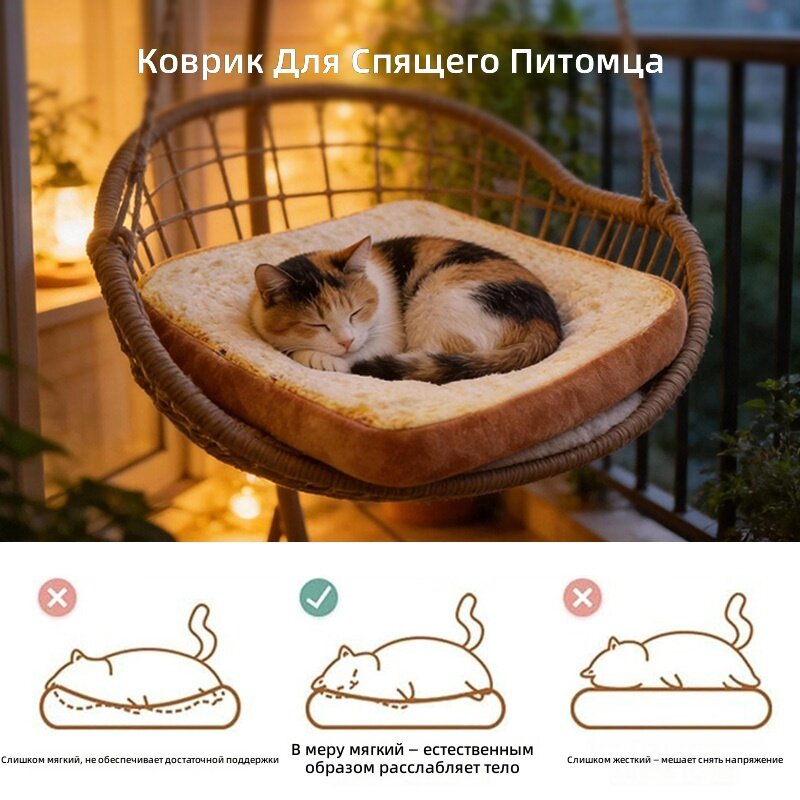 Лежанка для кошек и собак в форме тоста, цвет: тостовый коврик, размер: универсальный, с мягким полиэстеровым наполнителем и съемным чехлом на молнии