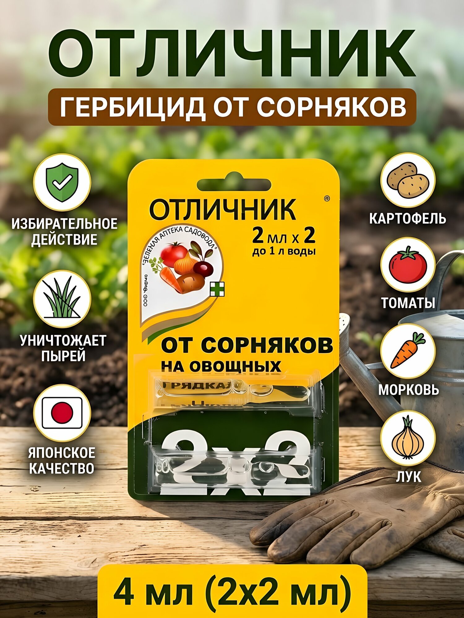 Гербицид Отличник от сорняков на картофеле, томатах, моркови и луке, 4 мл (2х2 мл), Зеленая аптека Садовода