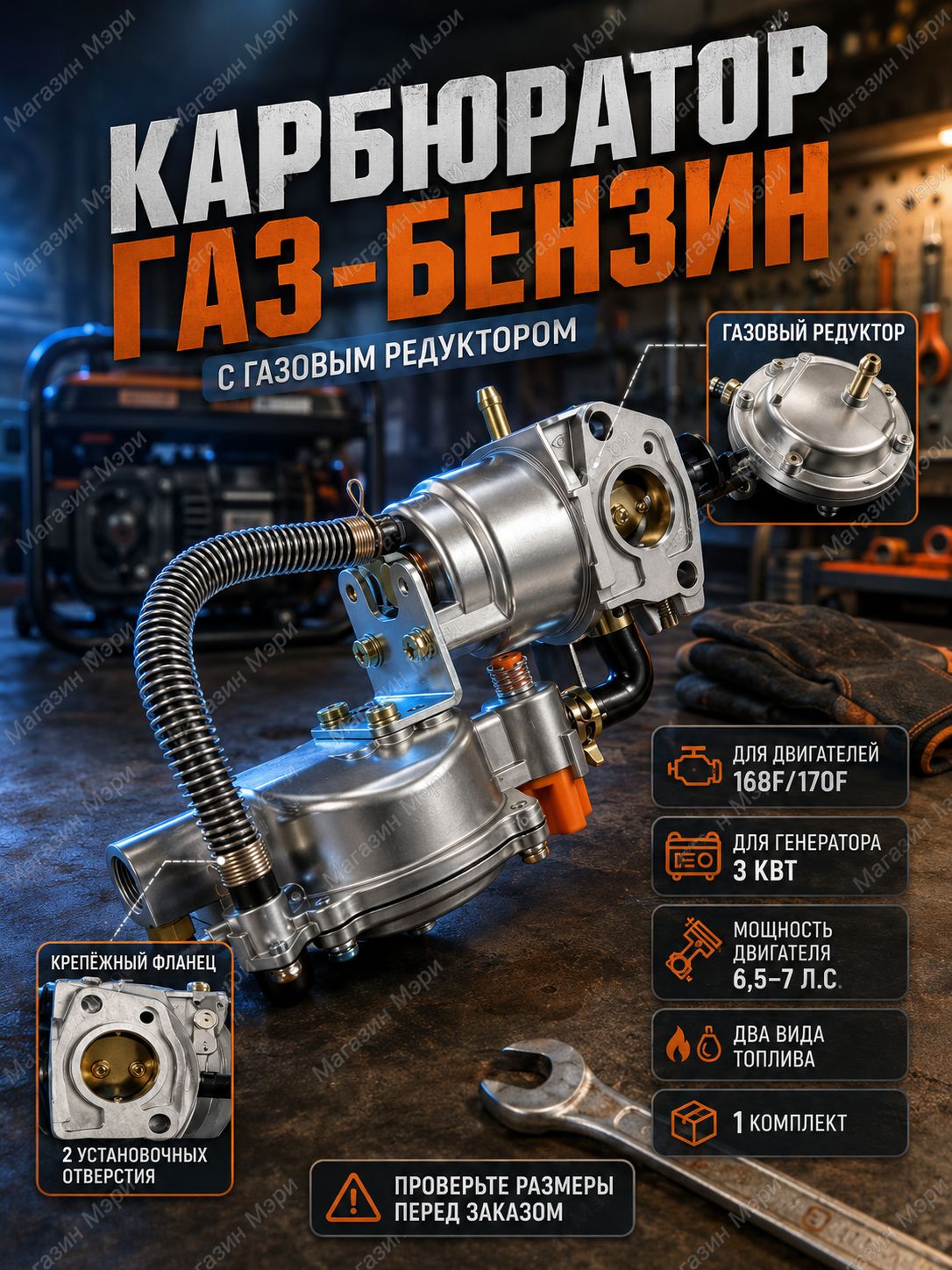 Карбюратор газ-бензин с редуктором для генератора 3 кВт, двигателей 168F/170F 6,57 л. с, двухтопливный, 1 шт.
