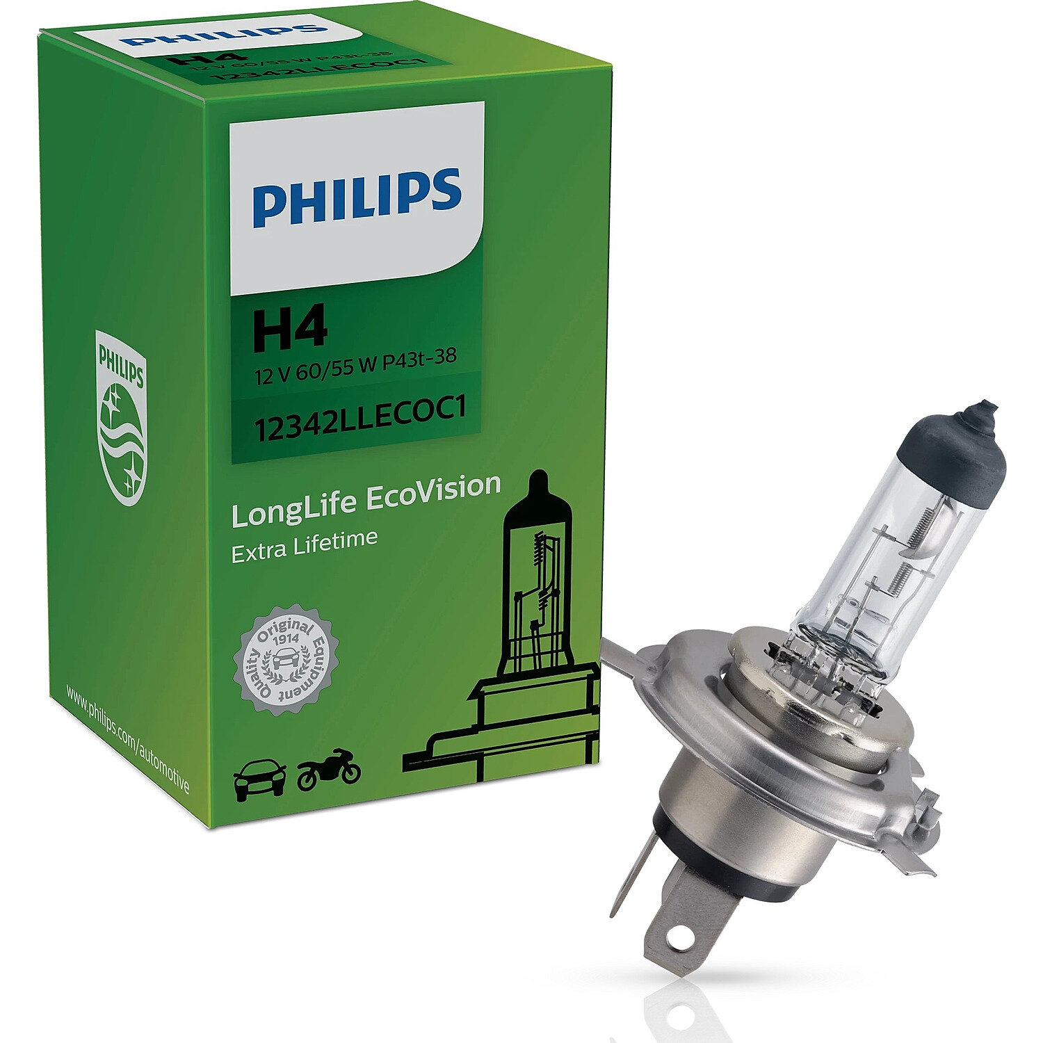 Лампа Philips LongLife EcoVision H4 12V 60/55W 12342LLECOC1