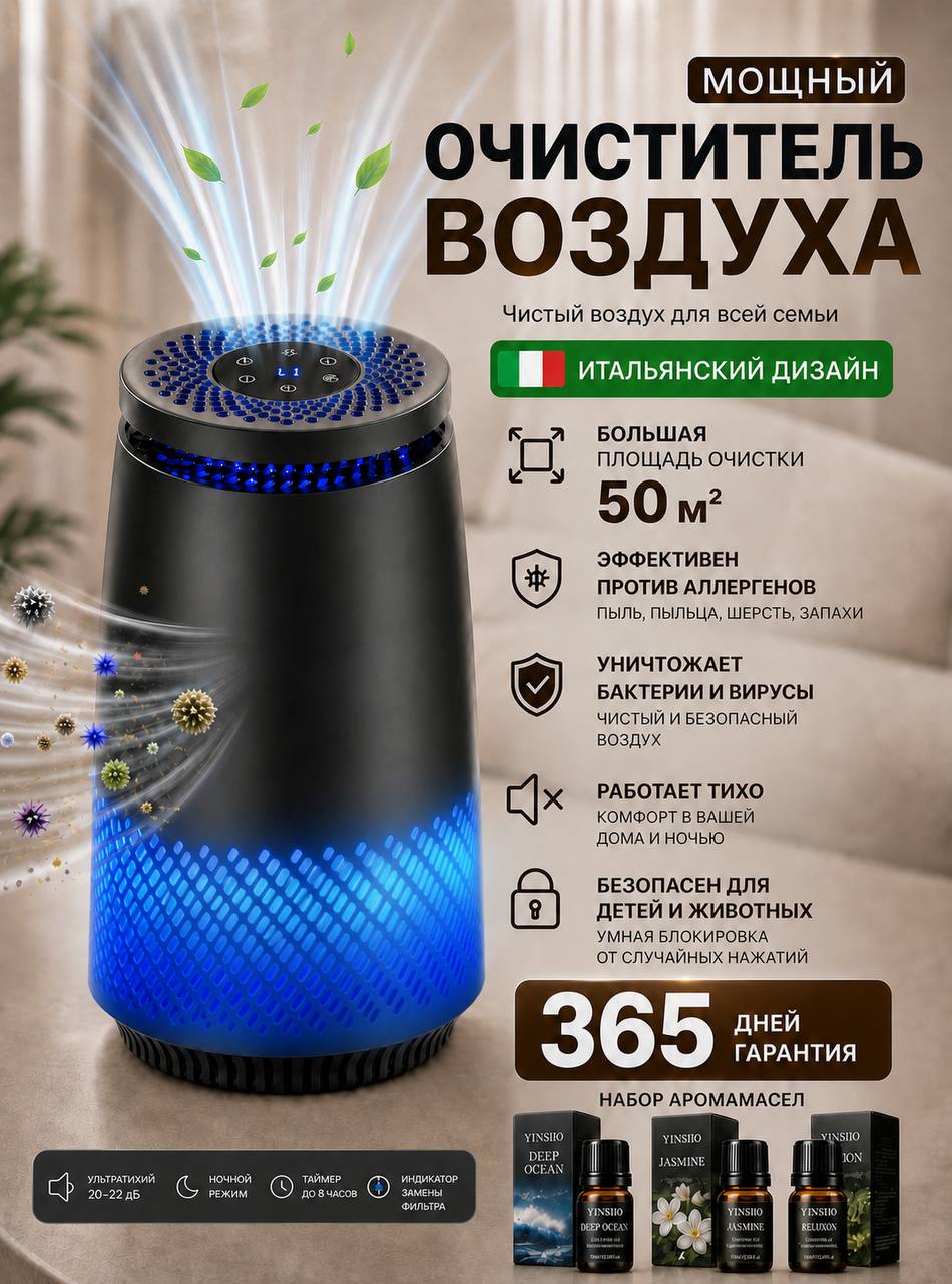 Очиститель воздуха, для дома, нера фильтр, 50кв м, от шерсти, пыли