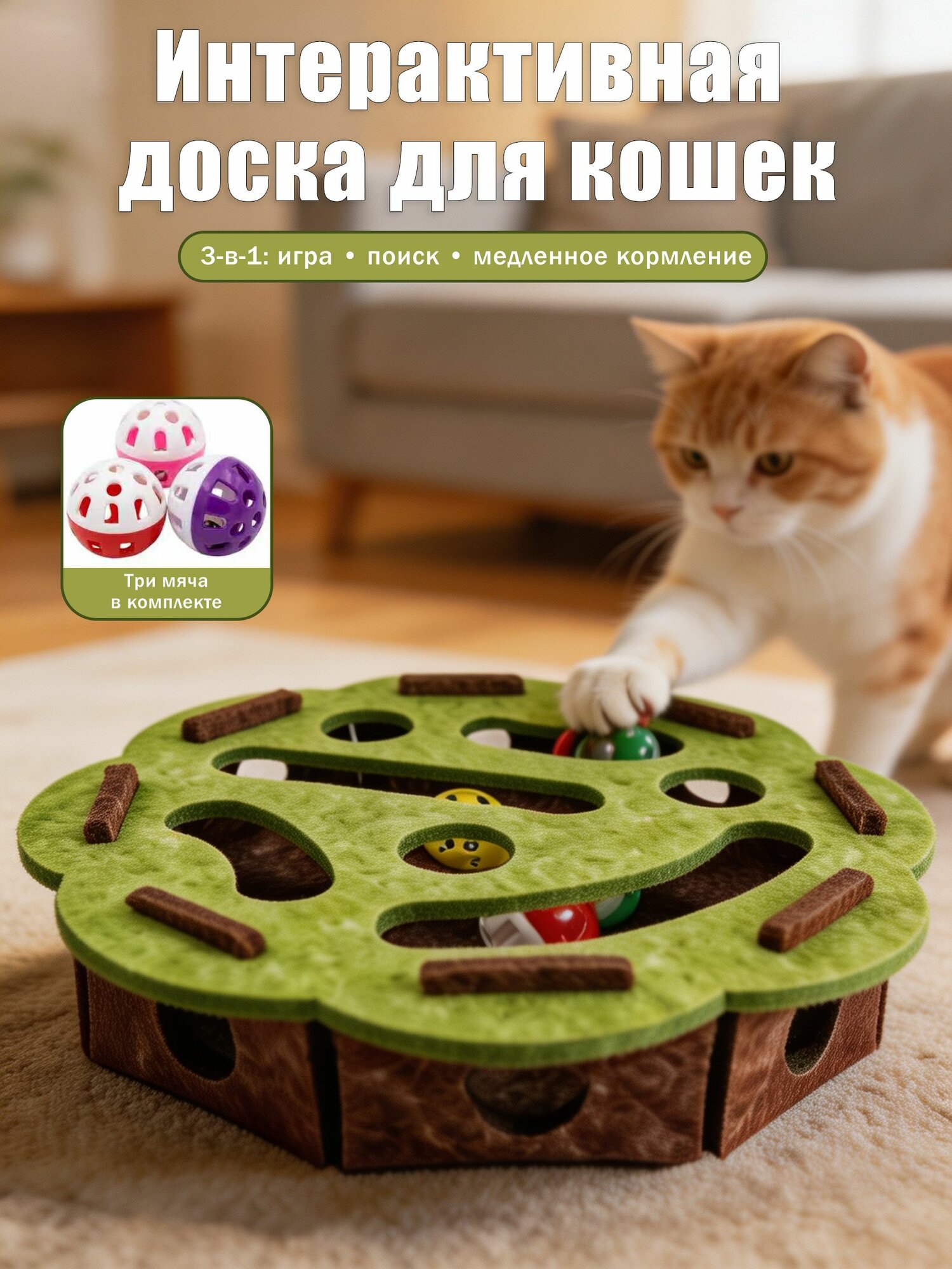 Развивающая игрушка-лабиринт для кошек, круглая фетровая коробка с 3 шариками