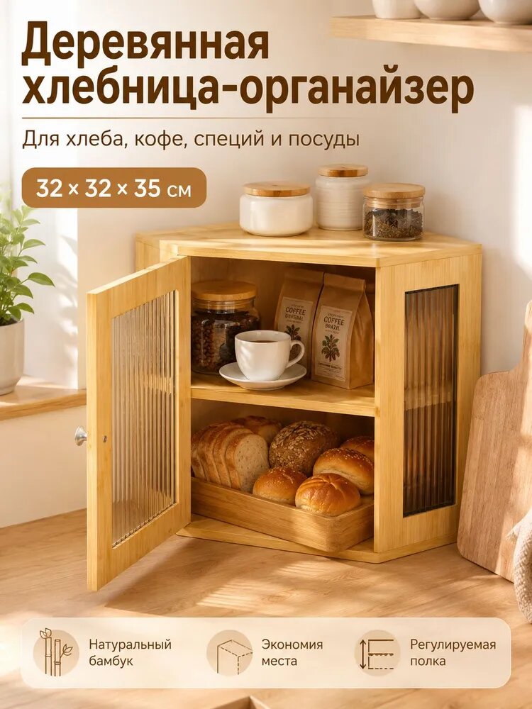 Деревянная хлебница-органайзер из бамбука, 32 см х 32 см х 35 см, для хлеба, кофе, специй