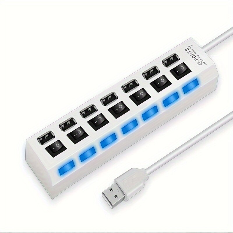 USB-хаб 2.0 на 7 портов с внешним блоком питания и кнопкой включения, белый, 1 шт.