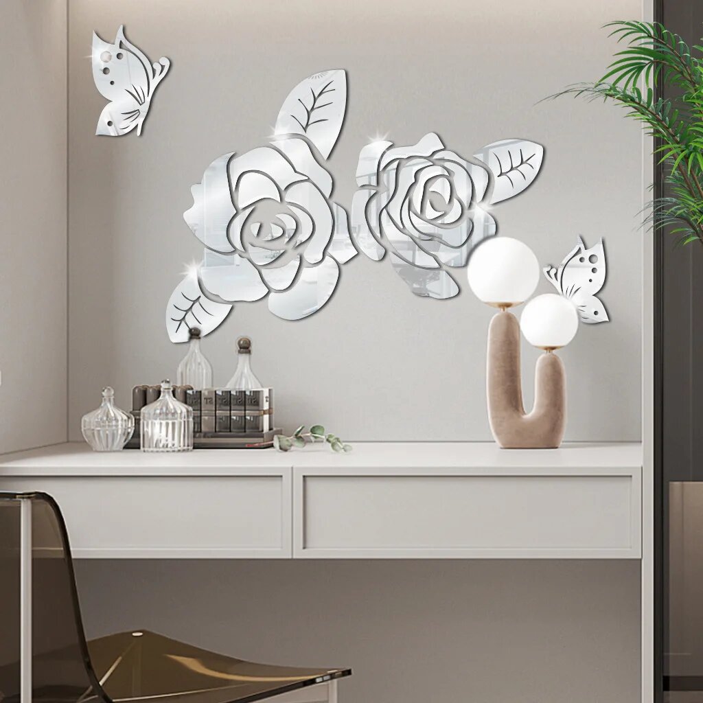 Зеркальные наклейки на стену 3D роза с бабочкой Silvery