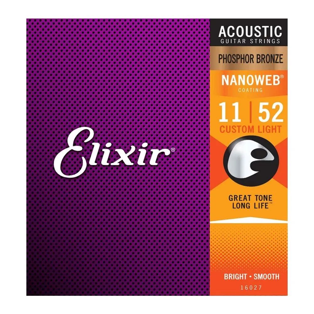 Струны для акустической гитары Elixir 16027 Nanoweb Custom Light Phosphor Bronze, 11-52