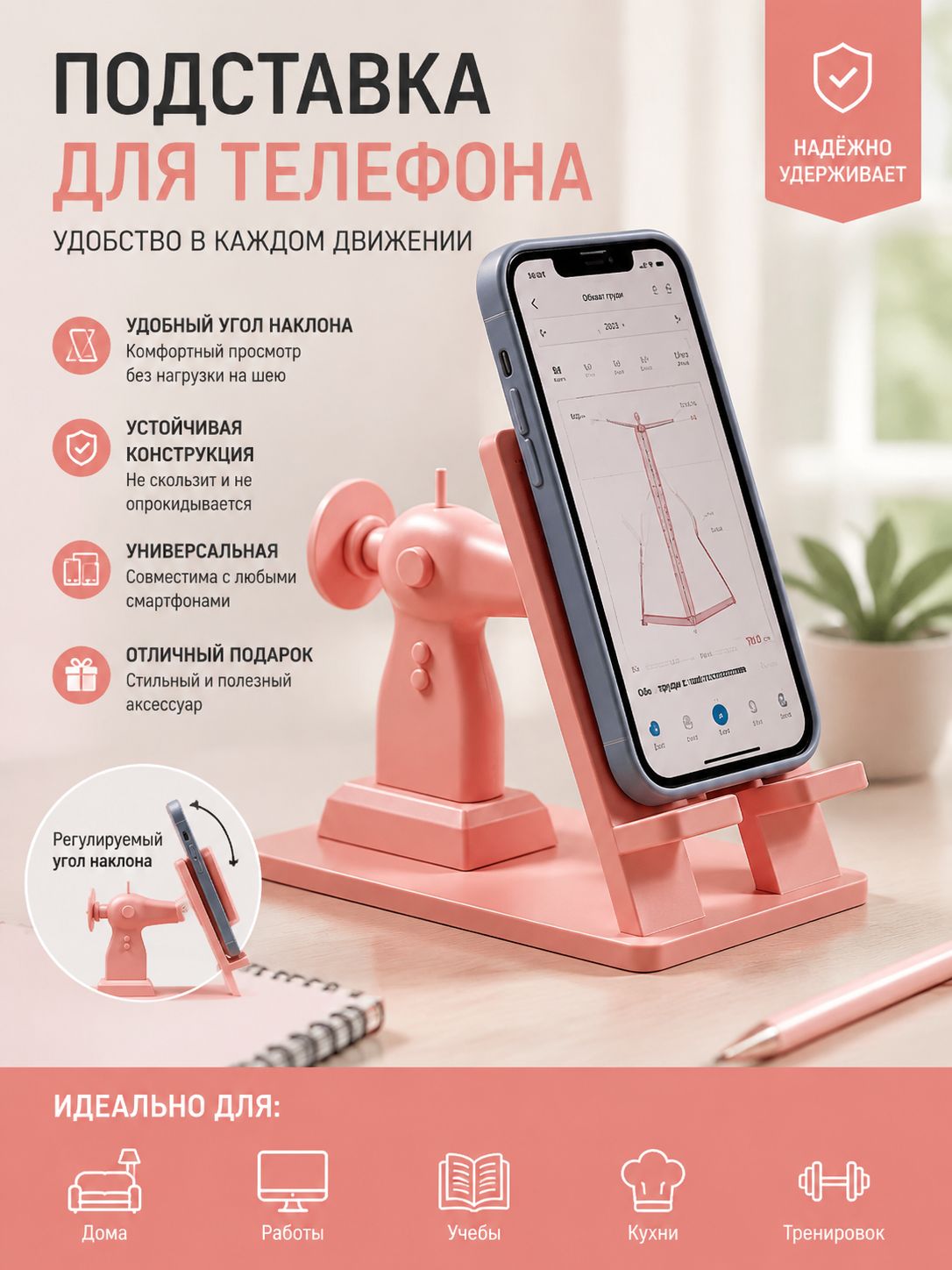 Ретро-подставка для смартфона в виде швейной машины розового цвета